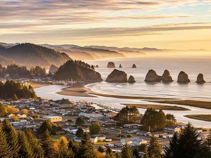 Golden light bathes the coastal town as sea stacks rise from the Pacific like a giant's stepping stones to nowhere.