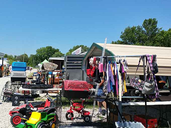 Vintage toy cars and purple clothing create a kaleidoscope of possibilities—one person's clutter becomes another's collection.