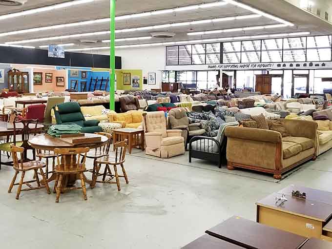 Furniture fills the showroom floor like a living room catalog, minus the catalog prices and guilt.