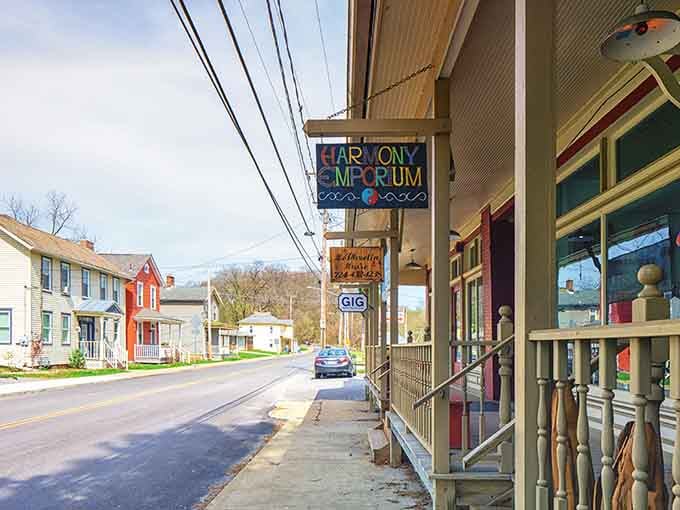 That colorful Harmony Emporium sign practically begs you to stop and discover what treasures hide inside those walls.