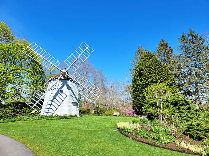 This classic windmill watches over manicured gardens with the dignity of a European countryside.