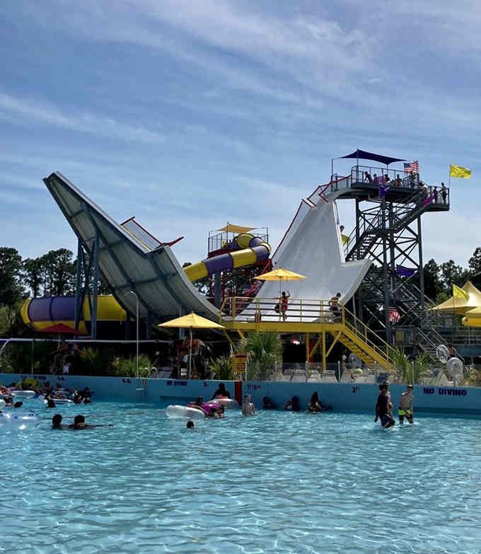 Twin slides tower above the pool like giant water-shooting wings ready to launch brave souls downward fast.
