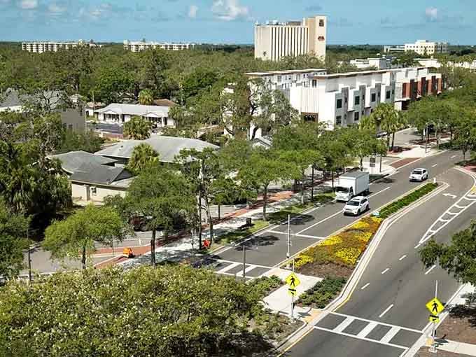 Clean streets and careful landscaping show a community that hasn't forgotten the value of taking care of home.