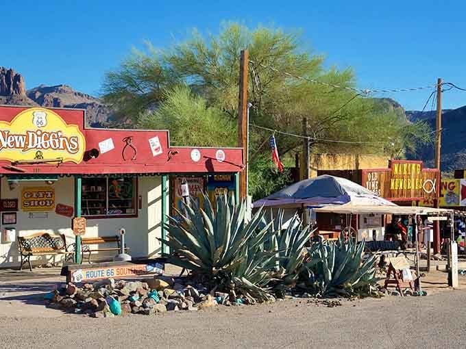 Desert meets Route 66 charm where colorful storefronts and giant agave plants create the perfect roadside oasis.