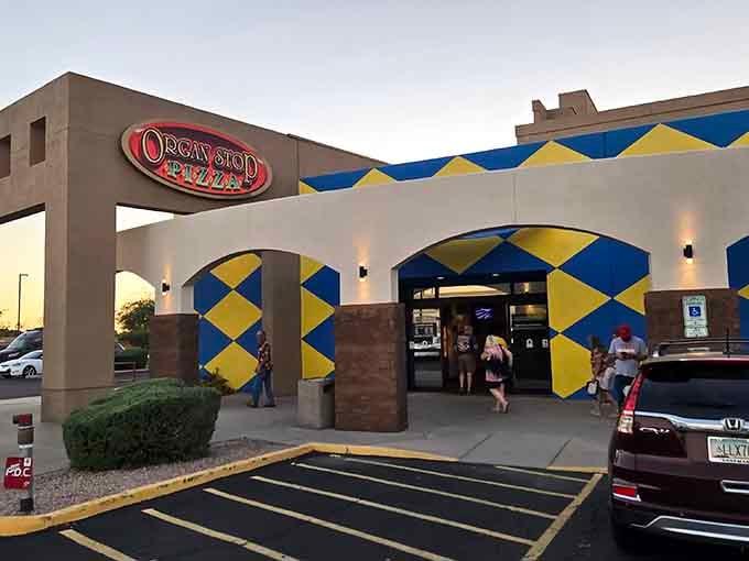 Bold geometric patterns in blue and yellow announce that pizza night just got a whole lot jazzier.