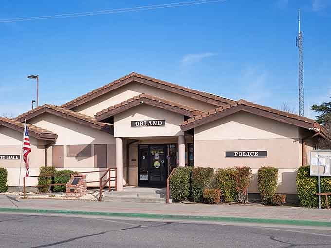 Small-town charm meets practical architecture where the police station still feels like part of the neighborhood fabric.