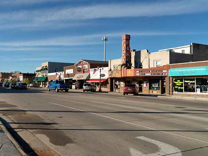 The vintage Park Theater marquee stands proud, reminding everyone that small-town charm never goes out of style.