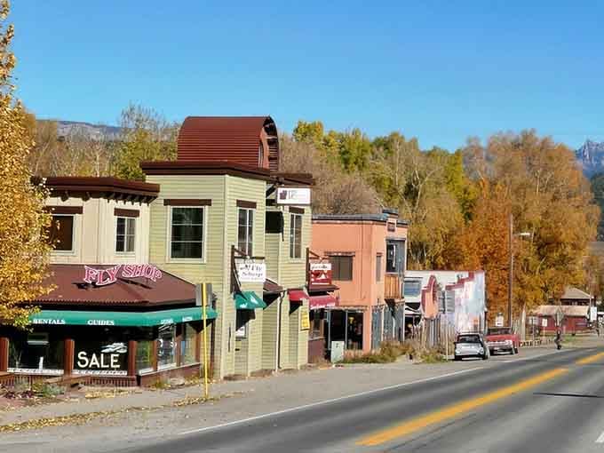 Autumn transforms Ridgway's streetscape into a golden gallery where even the parked cars look like they're posing.