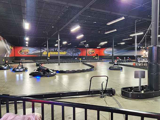 The elevated viewing area offers perfect sightlines, so spectators can witness every triumph and occasional spin-out.