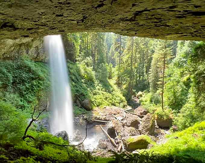 Walking behind this curtain of falling water feels like stepping into nature's own secret cathedral of moss and mist.