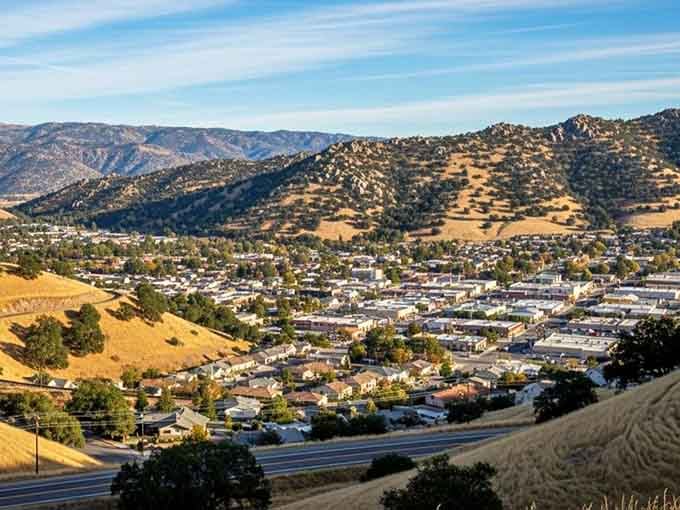 Golden hills embrace this valley town where the landscape stretches endlessly under California's big sky.