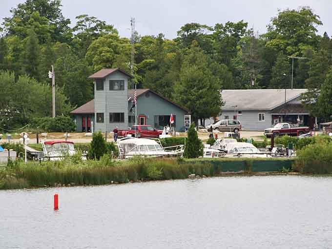 Boats bobbing gently at the marina with forest backdrop&mdash;island life looks pretty perfect from this peaceful vantage point.