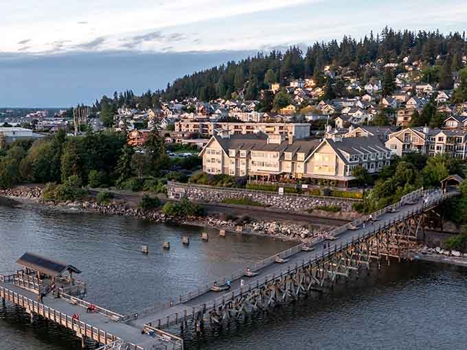 Golden hour bathes the waterfront in warm light, turning an already beautiful scene into something truly magical.