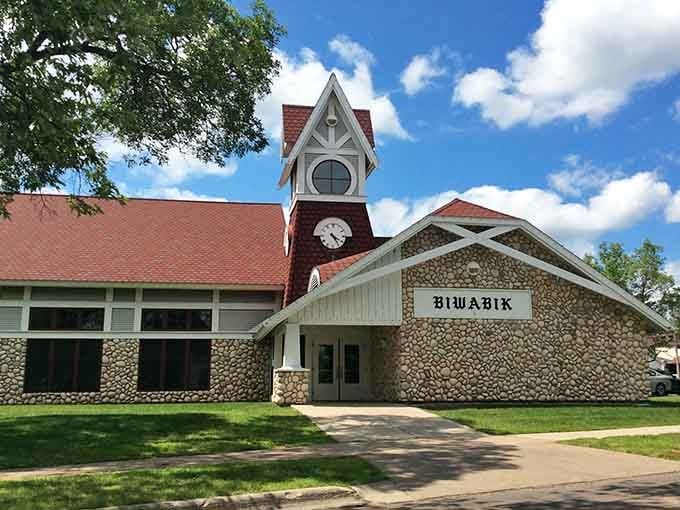 That stone clock tower on the Biwabik community building keeps such dignified watch over the town, you'd almost expect it to bow good morning.