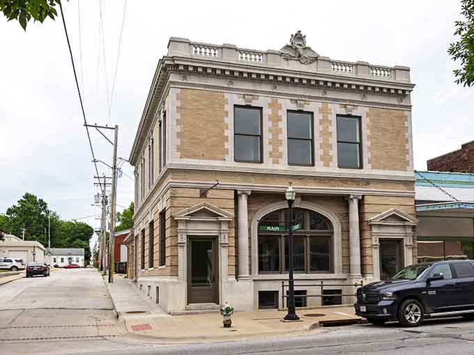 That stately corner building with its ornate stonework could easily star in any classic movie about small-town America.