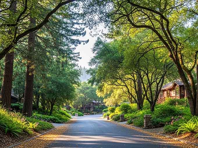 Tree-lined streets create a natural tunnel of green, dappling the pavement with shadows that dance all day.
