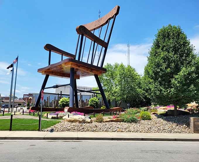 That giant rocking chair towers overhead, proving small towns can dream wonderfully, delightfully large.