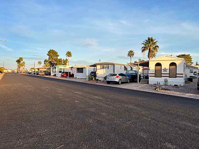 Neat rows of mobile homes and palm trees create affordable neighborhoods where community matters more than square footage.