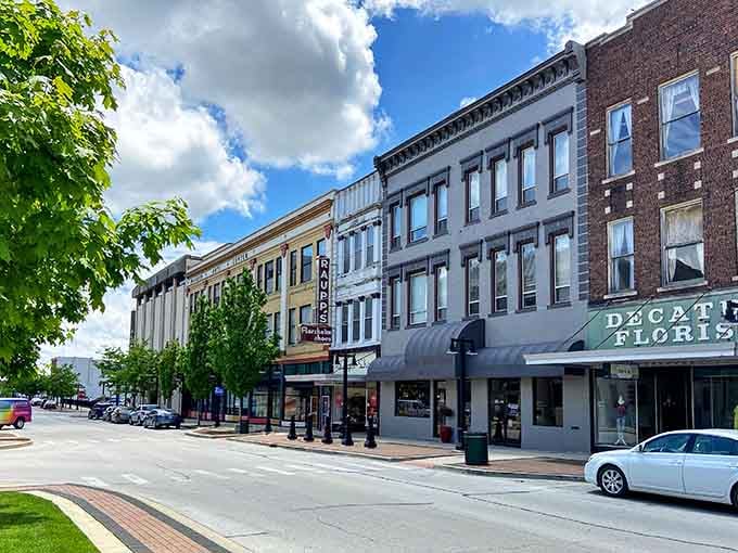 Decatur's sunny downtown block glows with fresh green trees and classic brick facades that make every stroll feel like a discovery.
