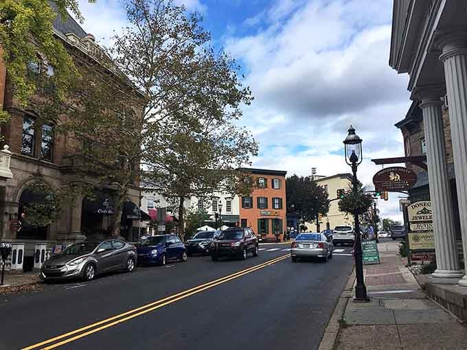 Tree-lined streets and classic lampposts create the perfect setting for an unhurried afternoon walk downtown.