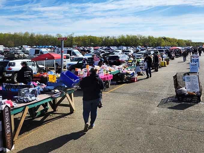 Weekend warriors armed with shopping carts navigate the outdoor aisles, ready to haul home their hard-won bargain discoveries.