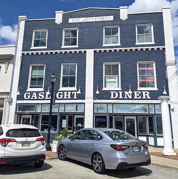 Blue skies and classic architecture combine to create a scene straight from a Norman Rockwell painting.