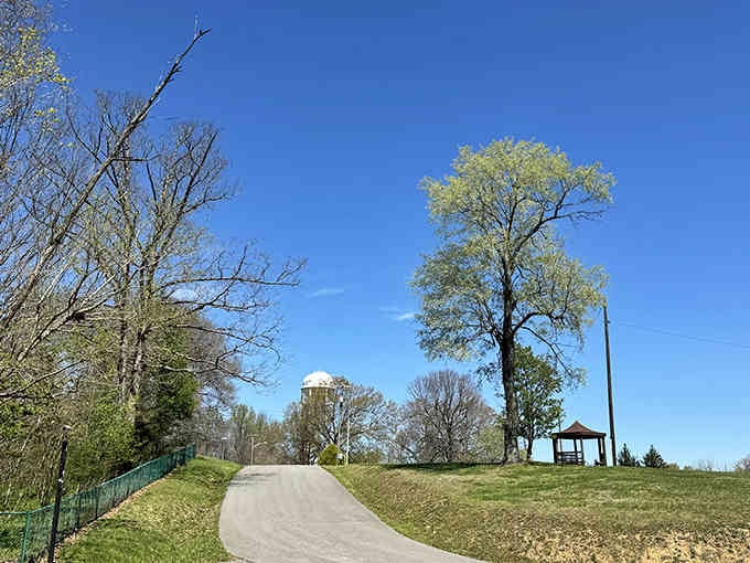 Winding pathways lead uphill through spring greenery, inviting leisurely strolls under blue skies that go on forever.