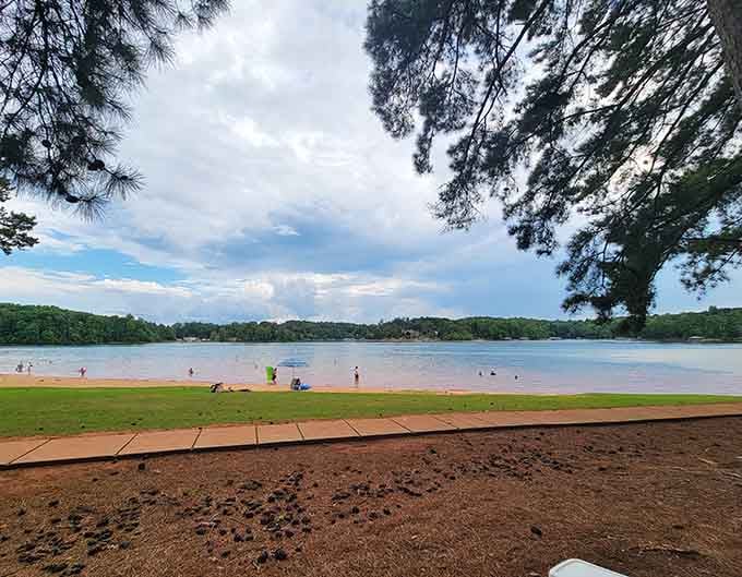 Crystal-clear lake water sparkles under towering trees, where mountain air meets sandy shores in perfect harmony.