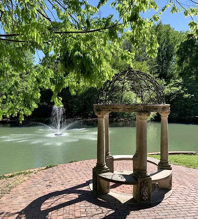 The weathered columns frame the dancing fountain perfectly, proving that old-world elegance never goes out of style here.