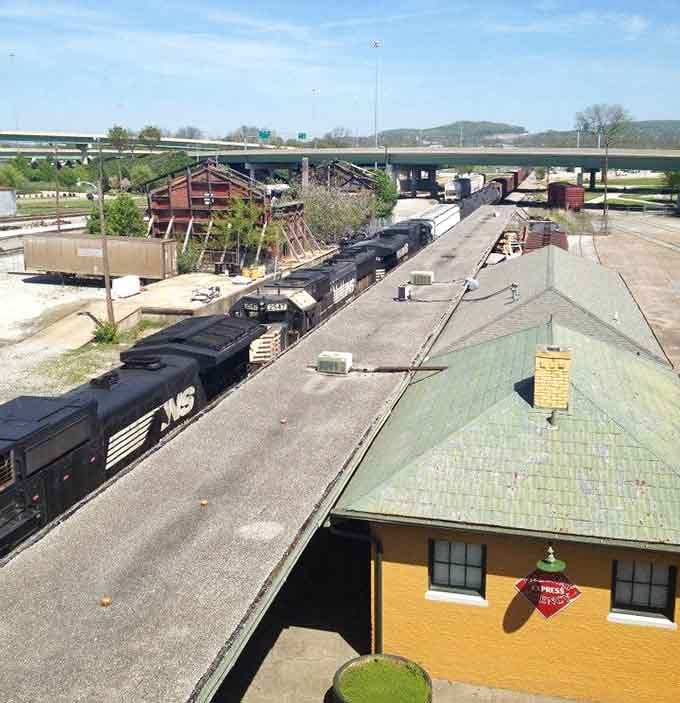 This bird's-eye view reveals the impressive scale of railroad operations that kept an entire city connected and thriving.