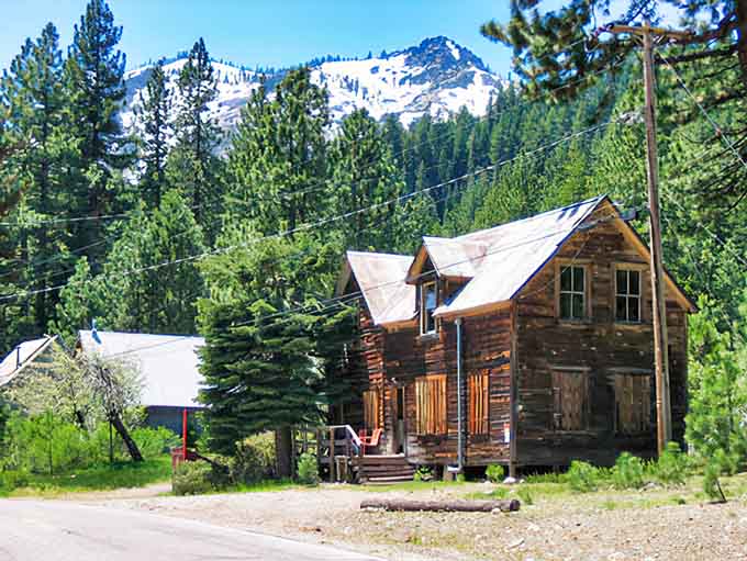 Historic cabins nestled among evergreens with mountain peaks beyond &ndash; this is California's quieter, more affordable side showing off.