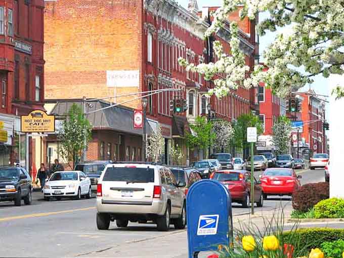 Spring blossoms frame the bustling street scene, adding natural beauty to the brick-and-mortar charm of this vibrant downtown corridor.