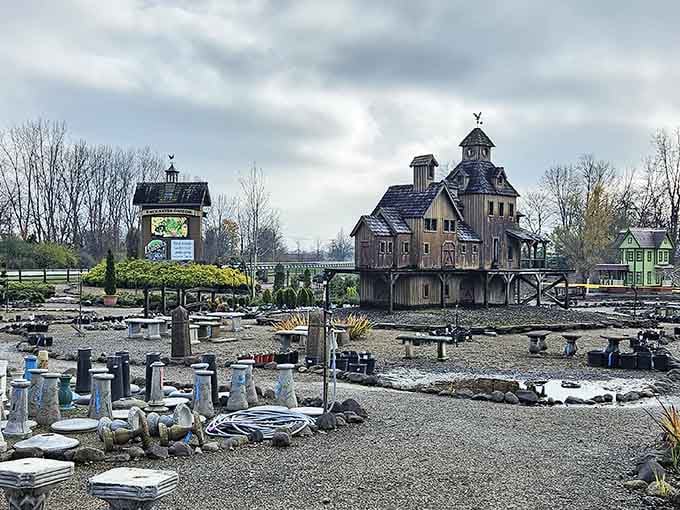 Storybook buildings and charming pathways transform an ordinary garden center into an enchanted village of delights.