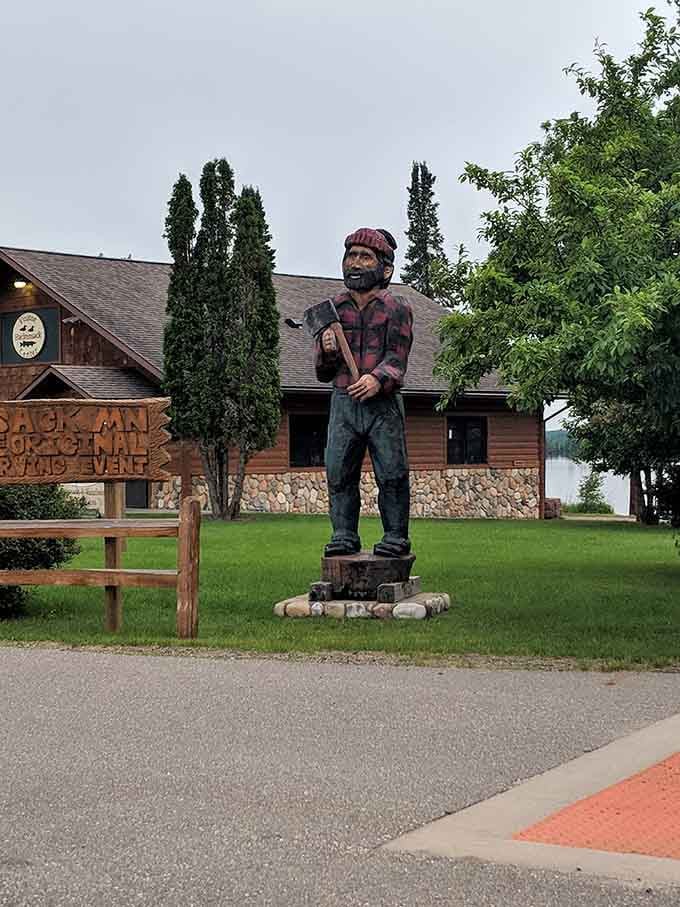 The lakeside setting behind this charming statue adds romantic ambiance to Paul Bunyan's legendary love story perfectly.
