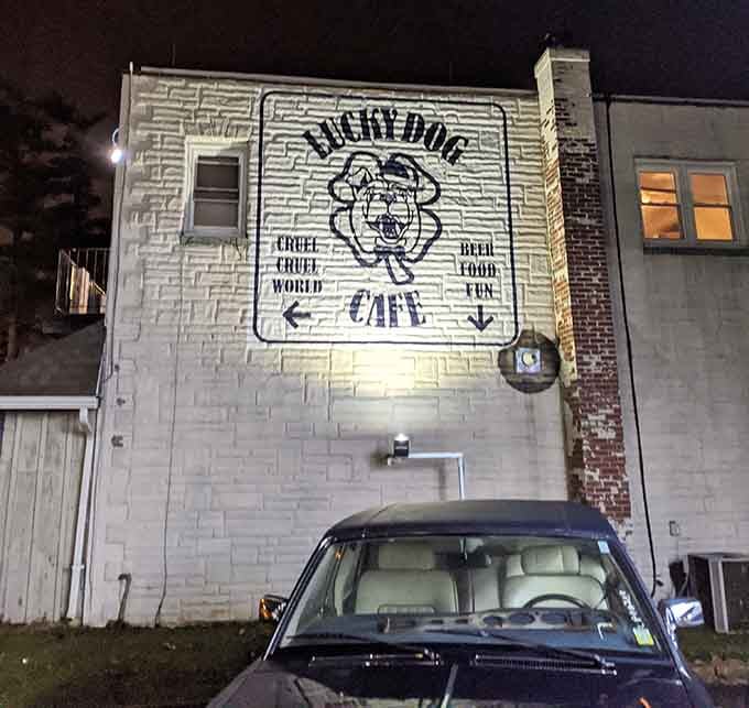 Lucky Dog's illuminated wall mural promises street food fun and good times in a neighborhood gathering spot that delivers both.