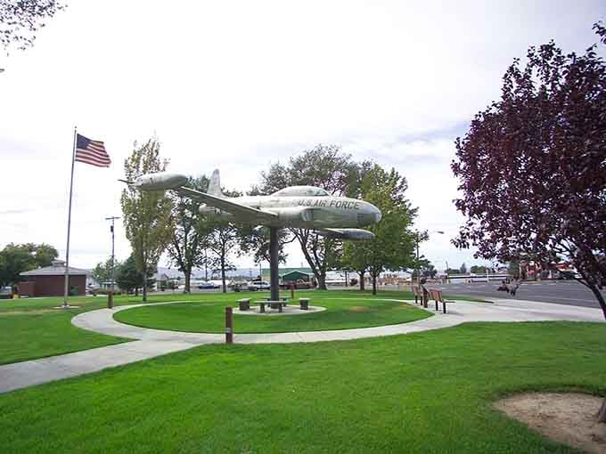 A vintage Air Force jet on display honors service and sacrifice while giving the town park serious conversation-starter credentials.