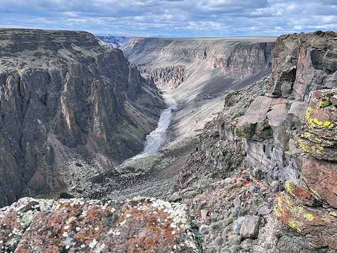 The river gleams silver far below these dramatic cliffs, a lifeline through Oregon's most remote wilderness.
