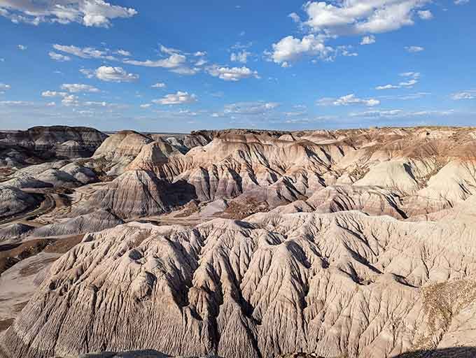 The Painted Desert stretches endlessly under cotton-ball clouds, proving nature's palette never runs out of stunning combinations.