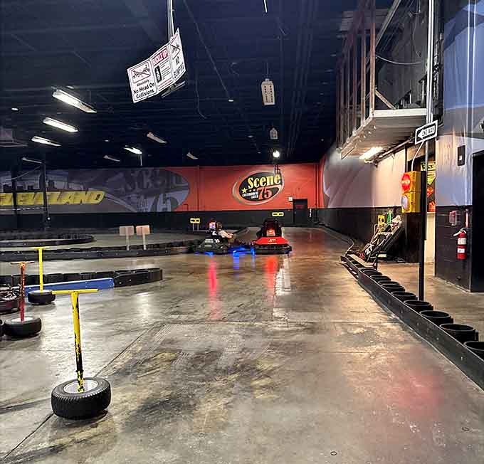 Colorful kart lights reflect off the polished floor, creating an atmosphere that's part racetrack, part disco.