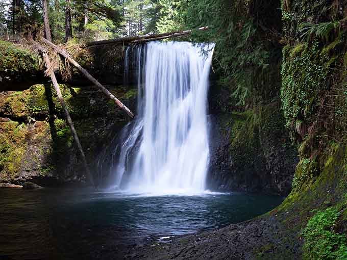 This cascade plunges into an emerald pool surrounded by moss so green it makes Ireland look beige by comparison.
