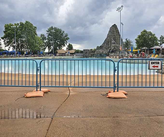 Behind the gates lies a massive pool and rock formation that towers like Missouri's own tropical island paradise.