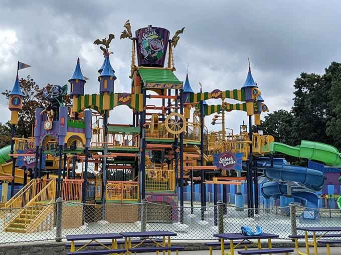 Storm clouds gather dramatically behind this cheerful fortress, but the splashing fun never stops here.
