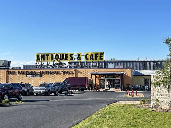 The Factory's cheerful exterior and packed parking lot reveal a thriving antique community gathering spot for serious collectors.