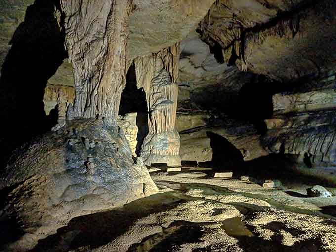 Ancient columns rise from the cave floor like nature's own architecture, sculpted by water over countless millennia.