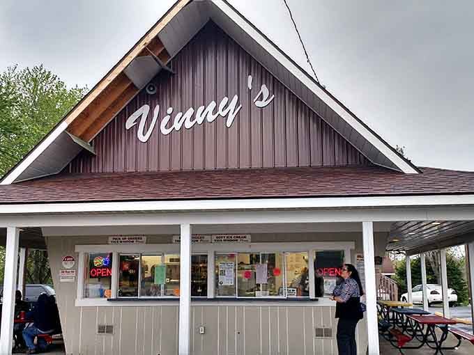 The peaked roof and covered pavilion offer shelter while you wait for your order on any weather day.