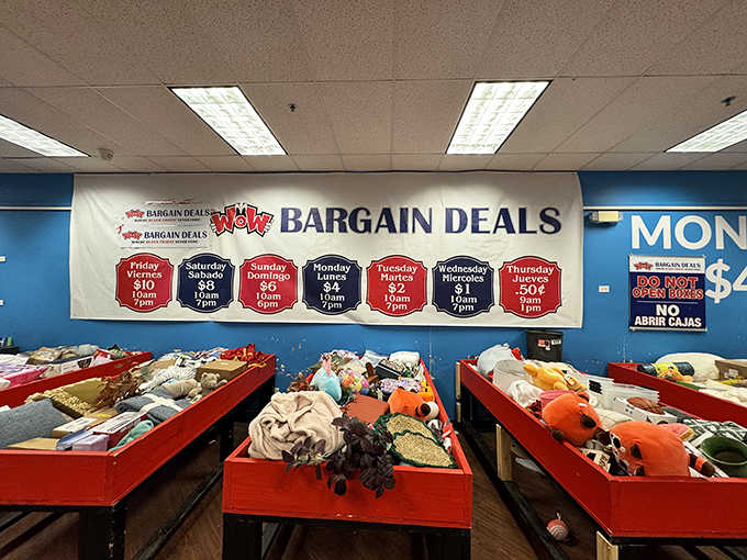 Daily deal circles displayed like a game show wheel remind you that smart shopping rewards those who plan ahead.