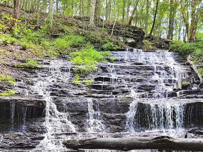 Delicate ribbons of water cascade down layered rock shelves like nature's own wedding cake design.