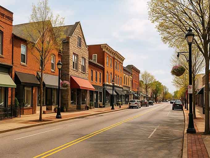 Spring trees frame brick buildings perfectly, creating that postcard moment you thought only existed in old movies.