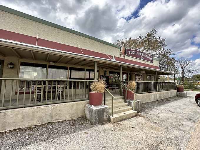 The covered porch and vintage awning invite you to step back in time for fresh-ground burgers.