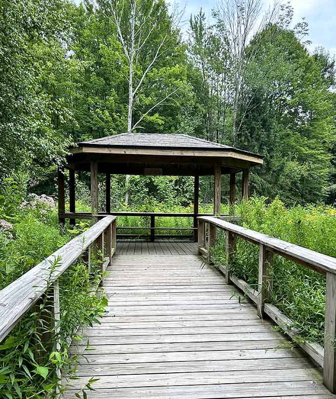 This covered gazebo offers the perfect spot to contemplate nature or just catch your breath after that last hill.